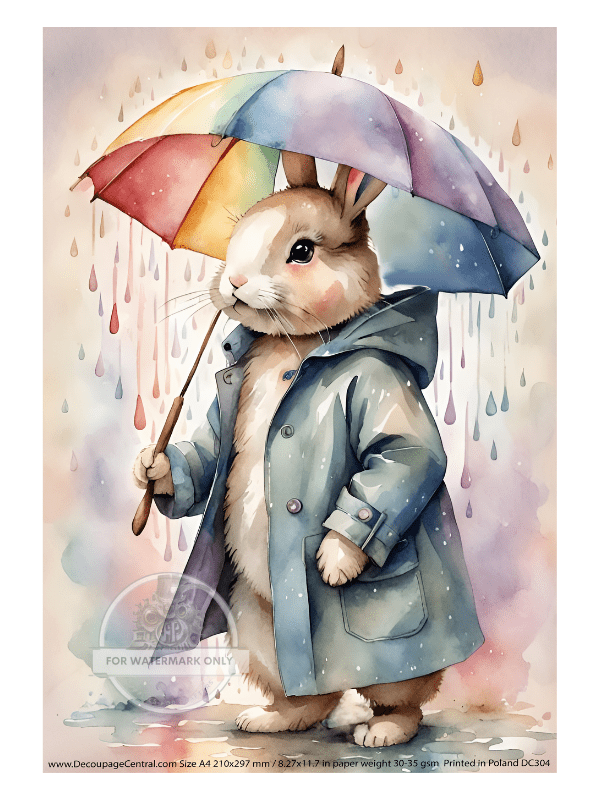 A4 Rainy Day Bunny Decoupage Rice Paper DC304 – Decoupage Central
