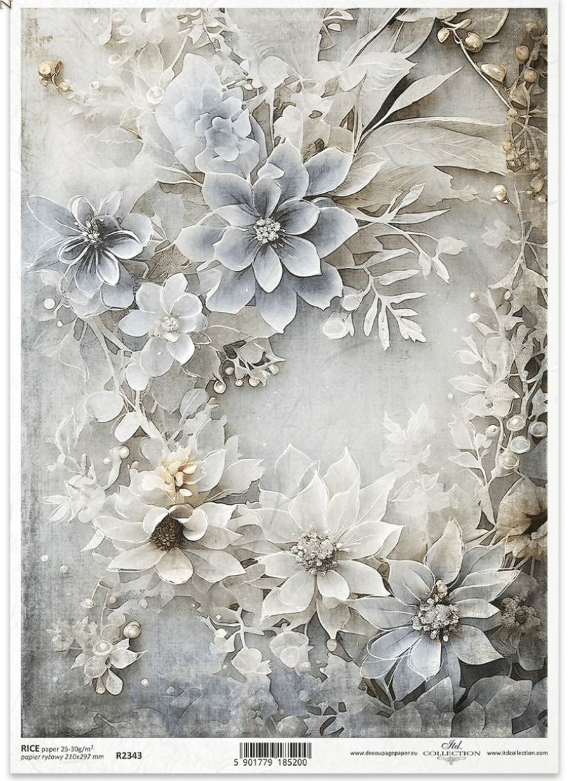 ITD A4 Classic Dramatic White Floral Rice Paper R2343 – Decoupage Central